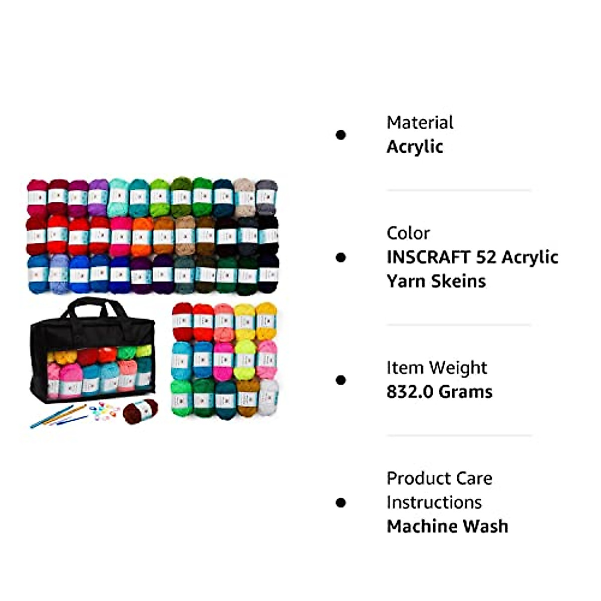 Inscraft 52 Acrylic Yarn Skeins, 1820 Yards 52 Colors, 2 Crochet Hooks, 2 Weaving Needles, 10 Stitch Markers, 1 Bag, for Crocheting & Knitting, Gift Beginners and Adults