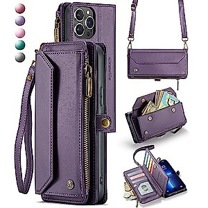 CaseMe Crossbody iPhone 13 Pro Max Phone Case Wallet RFID Protection with 10-Card Holder Zipper Bills Slot, Soft PU Leather Magnetic Flip Shoulder Strap iPhone 13 Pro Max Wallet Case for Women, Purple