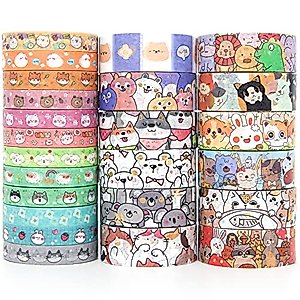 WAPETASHI Cute Washi Tape Set - 24 Rolls Kawaii Animals Gold Foil Decorative Masking Tape for Journaling, Scrapbooking, Kids DIY Crafts, Gift Wrapping, Aesthetic Supplies, Planners, Bullet Journal