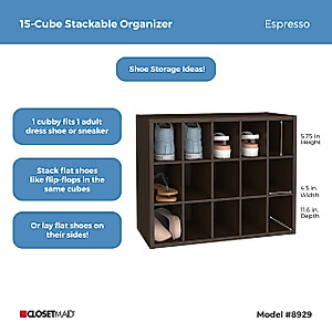 ClosetMaid 15 Cube Stackable Storage Organizer for Shoes, Bags, Crafts, Hobbies with Wood Shelves, for Closet, Entryway or Mudroom, Espresso