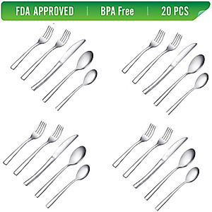 Ferfil Flatware Set, 20-Piece Stainless Steel Silverware /Cutlery /Tableware Set Service for 4, Include Knife/Fork/Spoon, Mirror Polished, Dishwasher Safe