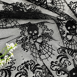 Simplebrand Black Lace Halloween Tablecloth Runner 52 x 52Inch, Rectangular Skull Lace Tablecloth with Tassel for Halloween Party, Pumpkin Table Cover Halloween Table Decorations