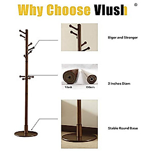Vlush Sturdy Wooden Coat Rack Stand, Entryway Hall Tree Coat Tree with Solid Round Base for Hat,Clothes,Purse,Scarves,Handbags,Umbrella-(Dark Brown, 11 Hooks)