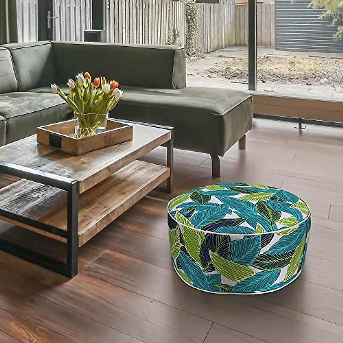Grezone Inflatable Footstool Round Ottoman 21x9 Inch Used for Indoor or Outdoor Kids/Adults Home Yoga Patio Deck Front Porch Backyard Garden Travel Portable Camping Bearing 285 lb (Leaf)