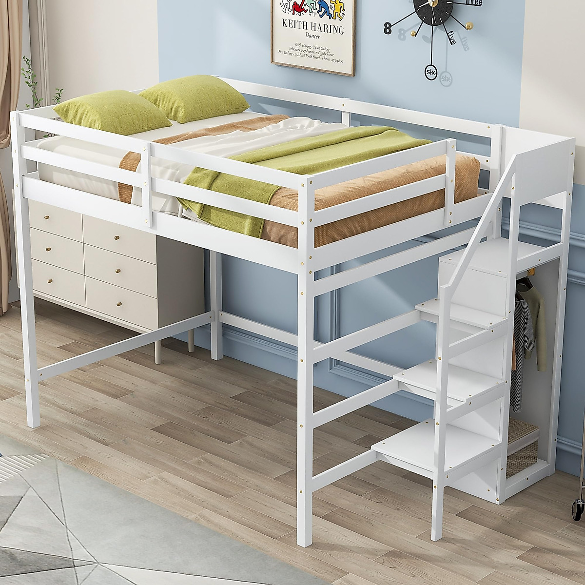 Harper & Bright Designs Full Size Loft Bed with Wardrobe and Staircase, Wooden Full Loft Bed Frame, High Loft Bed for Kids Teens Adults, White