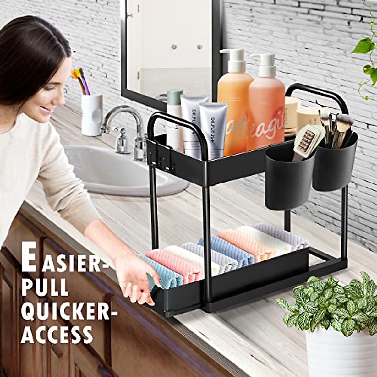 Under Sink Organizers and Storage, Sliding Cabinet Basket Organizer 2 Tier Under Sink Storage Bathroom Trays, Multipurpose Slide Out Bathroom Organizer Countertop, Under Kitchen Bathroom Sink Rack