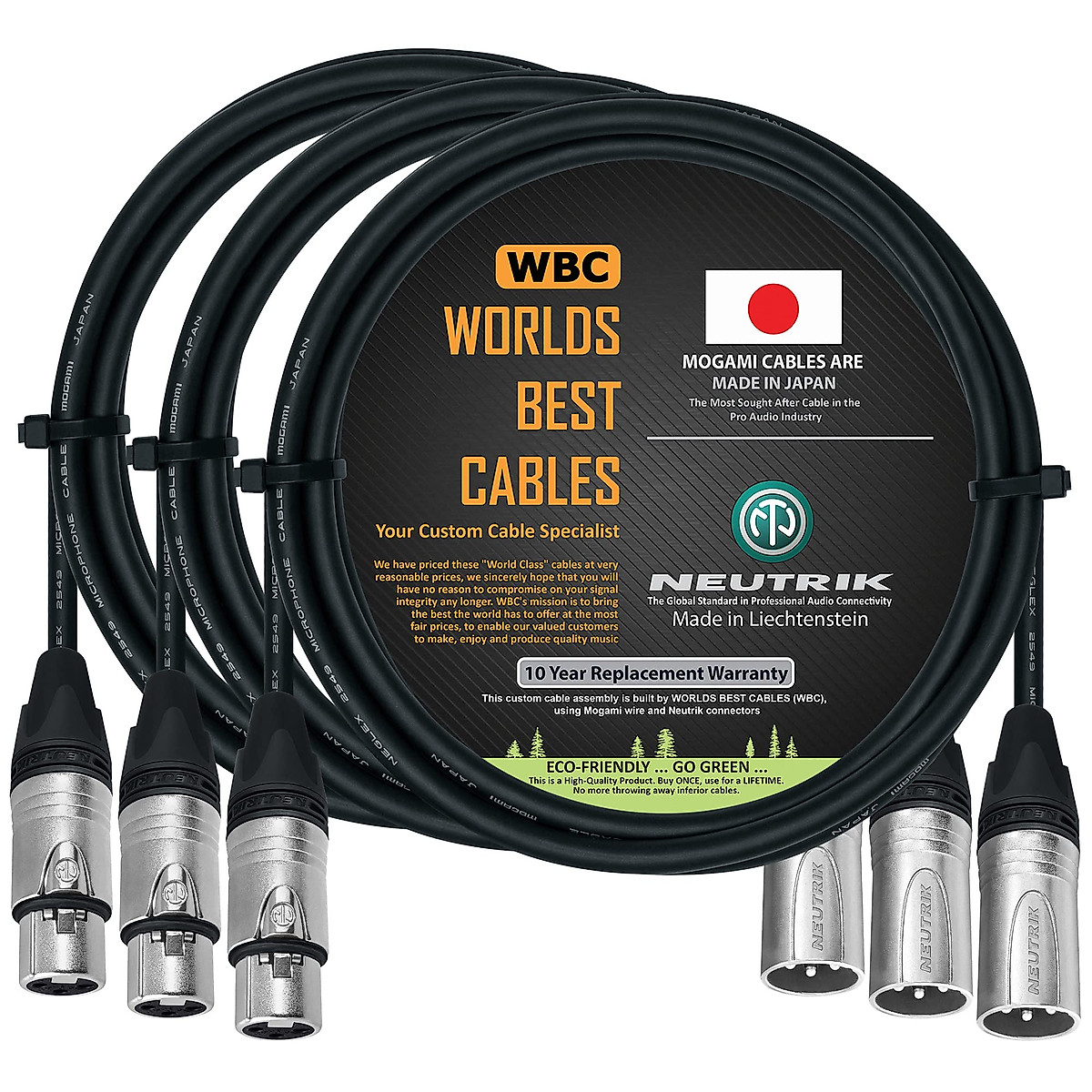 WORLDS BEST CABLES 3 Units - 4 Foot - Balanced Microphone Cable Custom Made Using Mogami 2549 (Black) Wire and Neutrik NC3MXX & NC3FXX Silver XLR Plugs
