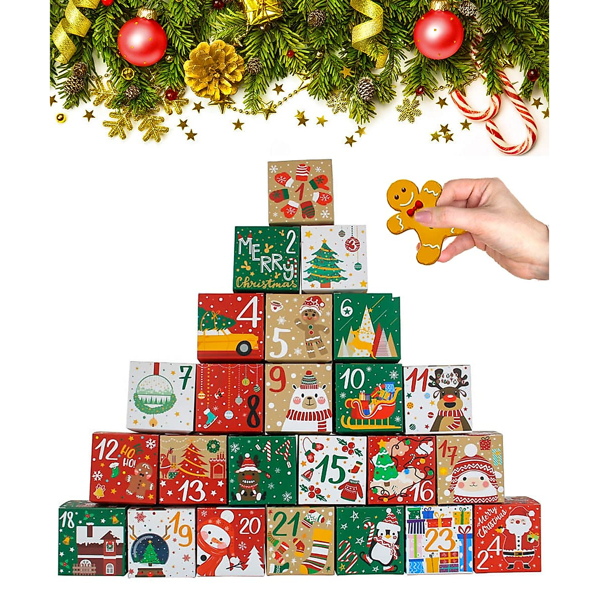 24 Pcs DIY Christmas Advent Calendar Boxes, 24 Days Advent Countdown Gift Boxes, Christmas Cardboard Number Boxes for Kids and Family, Xmas Holiday Decoration.