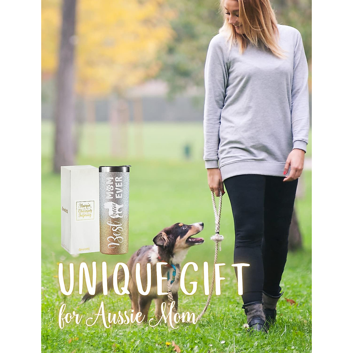 Onebttl Australian Shepherd Gifts for Women, Aussie Mom Gifts, 20 oz Glitter Silver-Gold Insulated Tumbler - Best Aussie Mom Ever