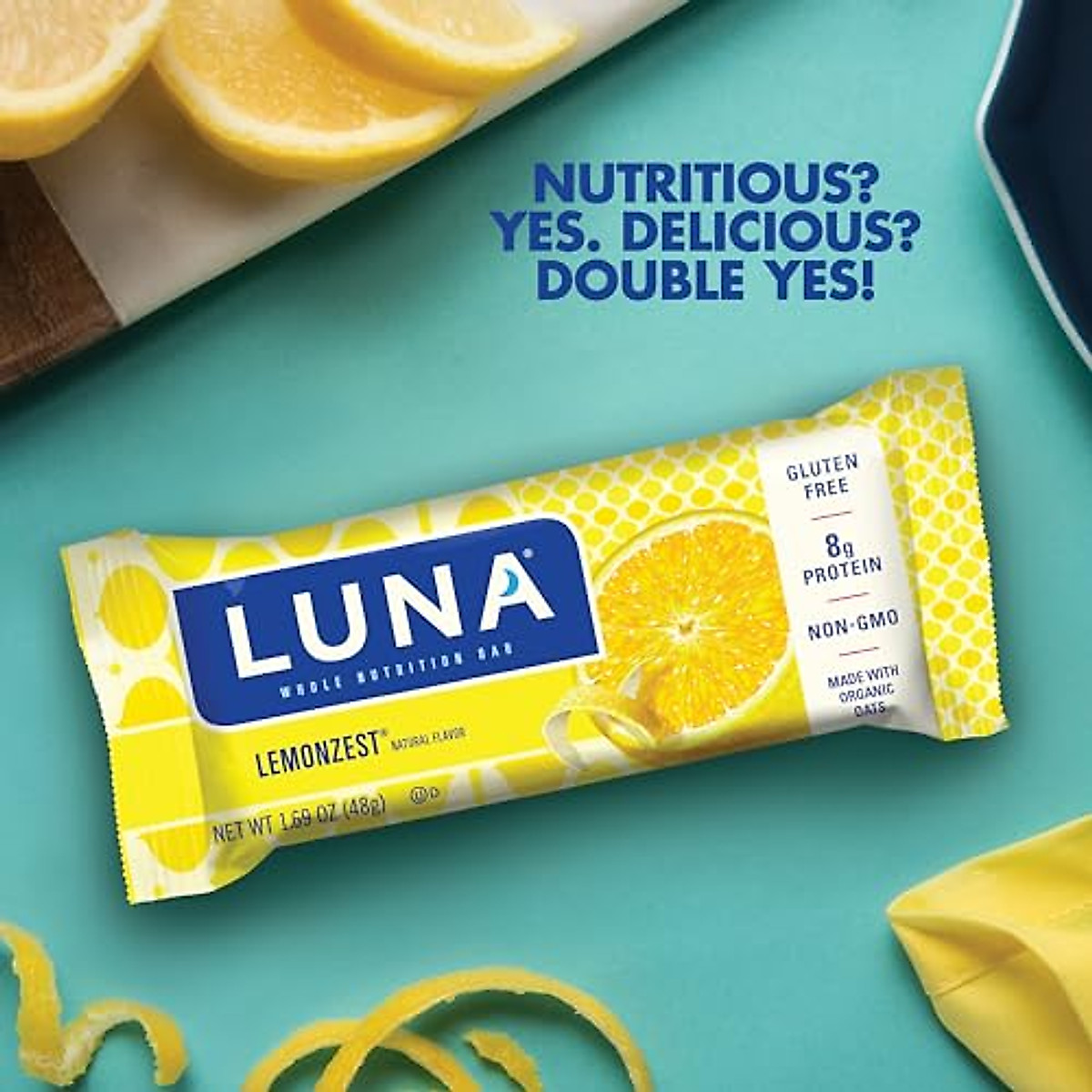 LUNA Bar - LemonZest Flavor - Gluten-Free - Non-GMO - 7-9g Protein - Made with Organic Oats - Low Glycemic - Whole Nutrition Snack Bars - 1.69 oz. (12 Pack)