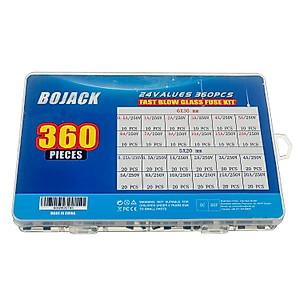 BOJACK 24 Values 360 pcs Fast-Blow Glass Fuses Assortment Kit 5x20mm 250V 0.25 0.5 1 2 3 4 5 8 10 12 15 20A 6x30mm 250V 0.5 1 2 3 4 5 6 7 8 10 15 20A amp packag in a Clear Plastic Box