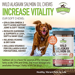Strawfield Pets Salmon Dog Chews Omega 3 Fish Oil Chews with Wild Alaskan Salmon Oil Skin & Coat + Seasonal Allergy Support Hip & Joint Dog Supplement + EPA & DHA Made in USA