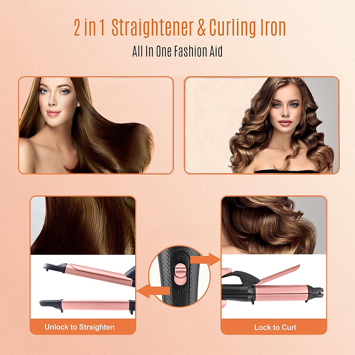 2 in 1 Travel Curling Flat Iron Dual Voltage Mini Hair Straightener and Curler with 1 Inch Rose Gold Ceramic PTC Plate (Gold)