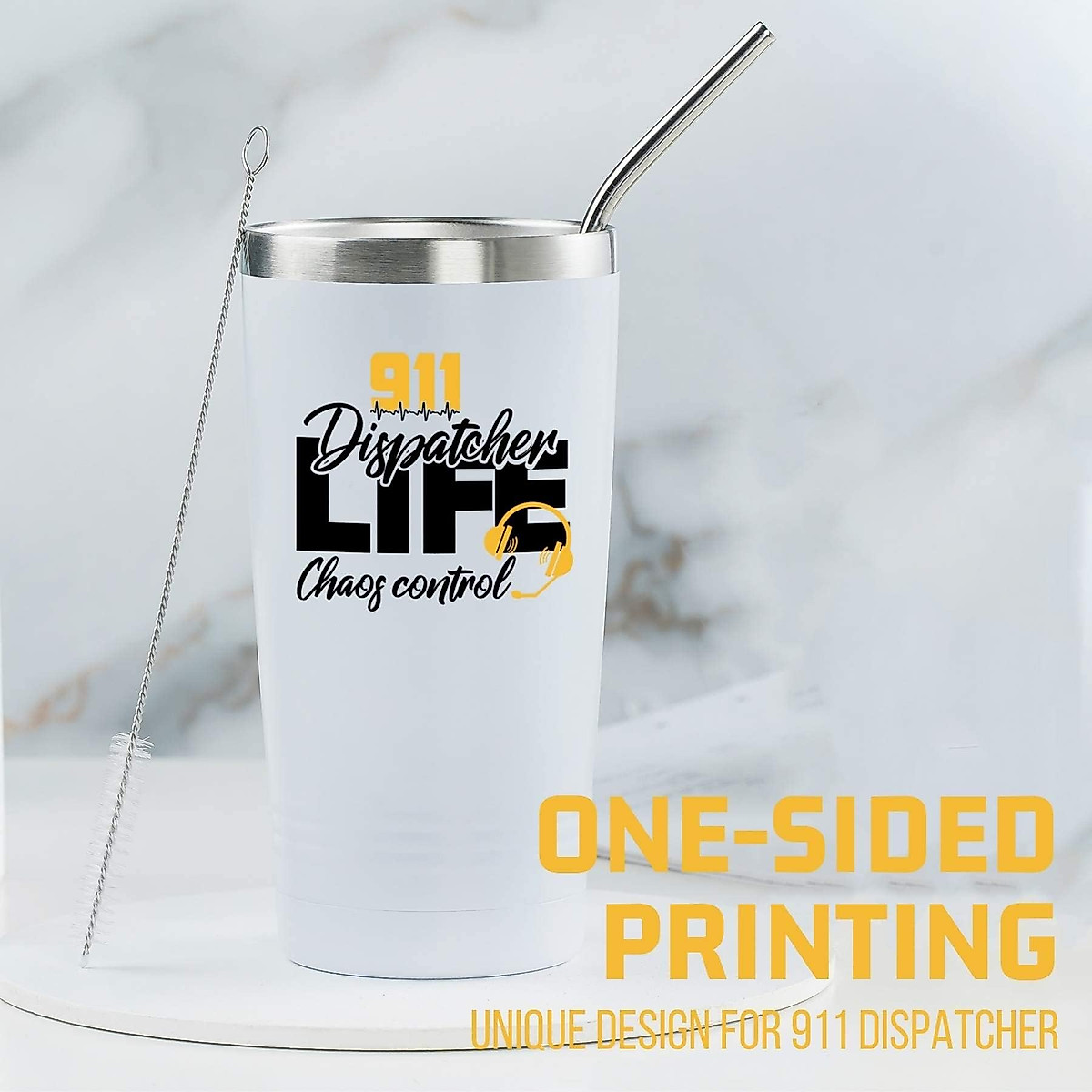 Onebttl 911 Dispatcher Gift - Chaos Control - 20 oz/590 ml Stainless Steel Insulated Tumbler With Straw - Thank You, Appreciation, Birthday Gifts (White)