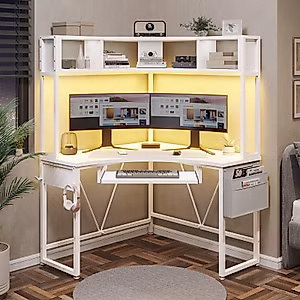 SEDETA Corner Desk, Small Computer Desk with Hutch & LED Lights, Triangle Corner Computer Desk with Keyboard Tray, Storage Bag, and Headphone Hook for Small Space, Small Office Desk, White