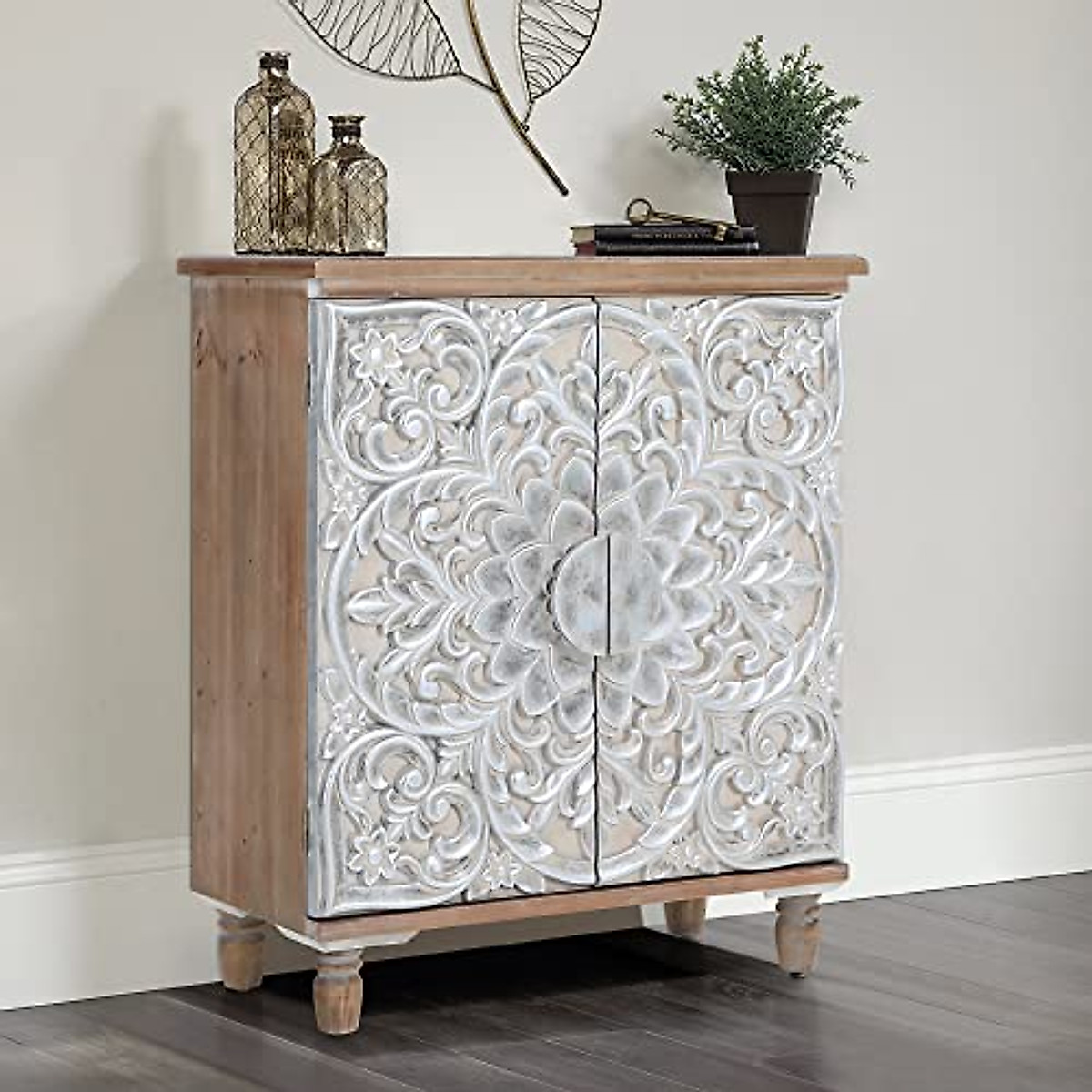 Sophia & William Accent Storage Cabinet with 2 Doors, Distressed Decorative Cabinet Storage Organizer with Wood Frame and Silver Embossed Pattern for Entryway Hallway Lvinig Room