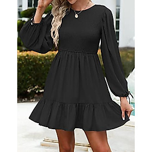 ZESICA Women's Long Sleeve Smocked Dress Spring Casual Crew Neck Tiered Swing Cocktail Wedding Party Mini Dresses,Black,Medium
