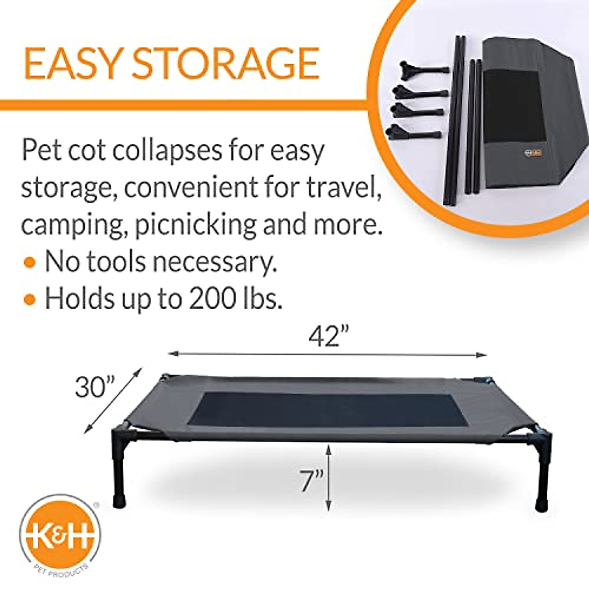 K&H PET PRODUCTS Elevated Cooling Outdoor Dog Bed Portable Raised Dog Cot Charcoal/Black Large 30 X 42 X 7 Inches