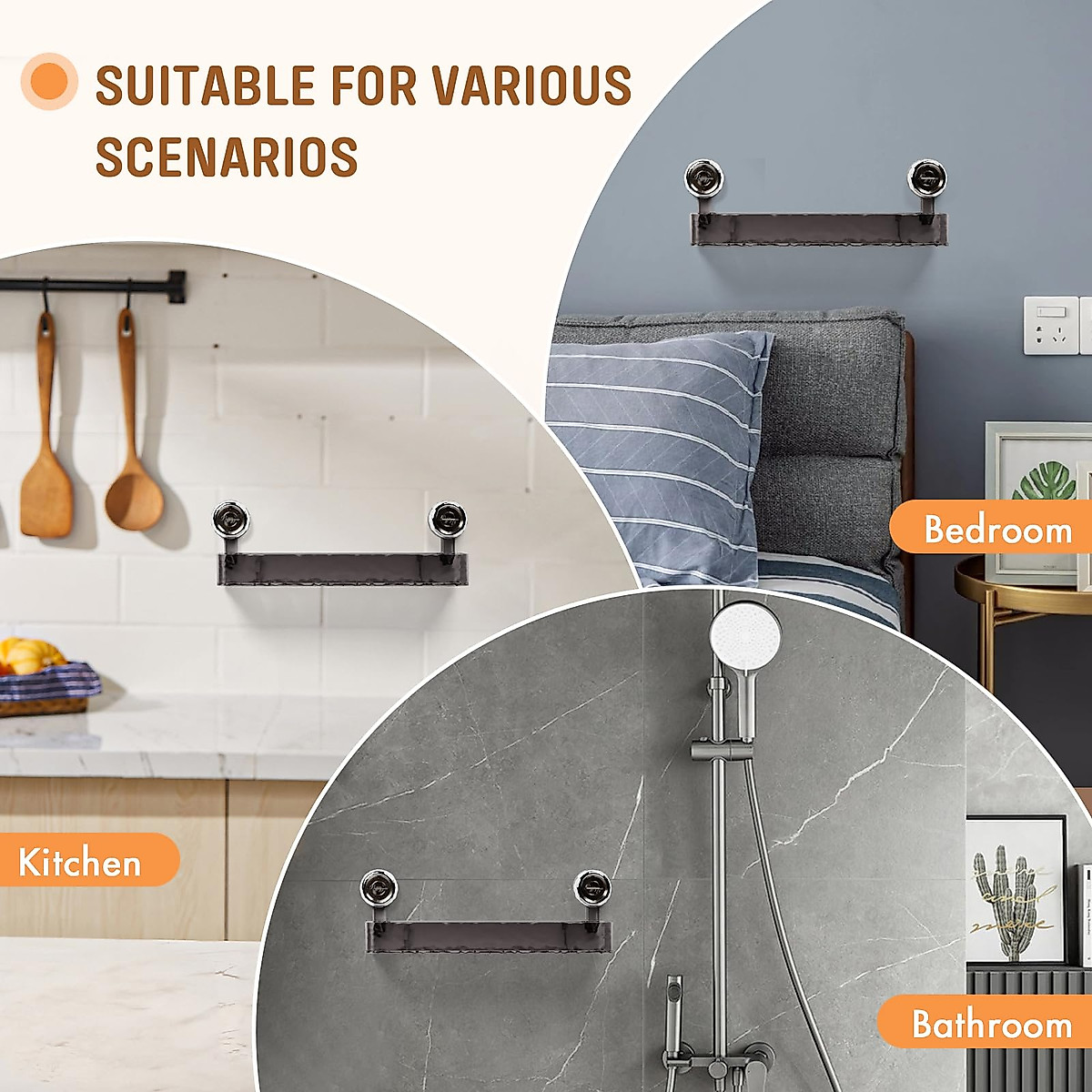 MEIGESI Acrylic Clear Suction Cup Shower Caddy, Detachable Wall-Mounted Storage Rack, No-Drill Shower Organizer, Removable Storage Rack for Bathroom/Kitchen/Bedroom, Gray Silver, 2 Pack