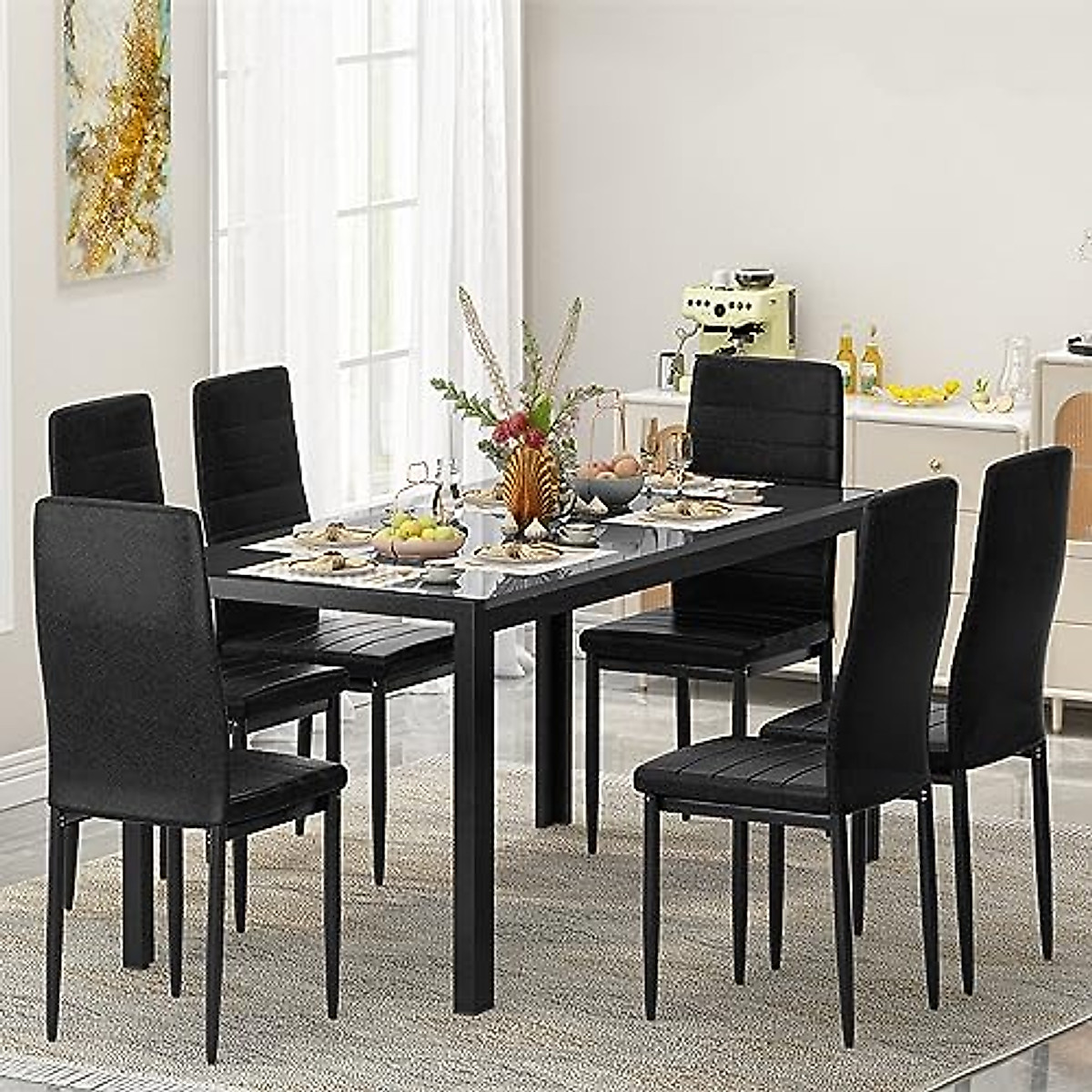 DKLGG 7-Piece Dining Table Set for 6 People, Tempered Glass Kitchen Table Set with 6 PU Leather Chairs, Dining Room Table Set Large Breakfast Table with Metal Frame for Kitchen, Big Family