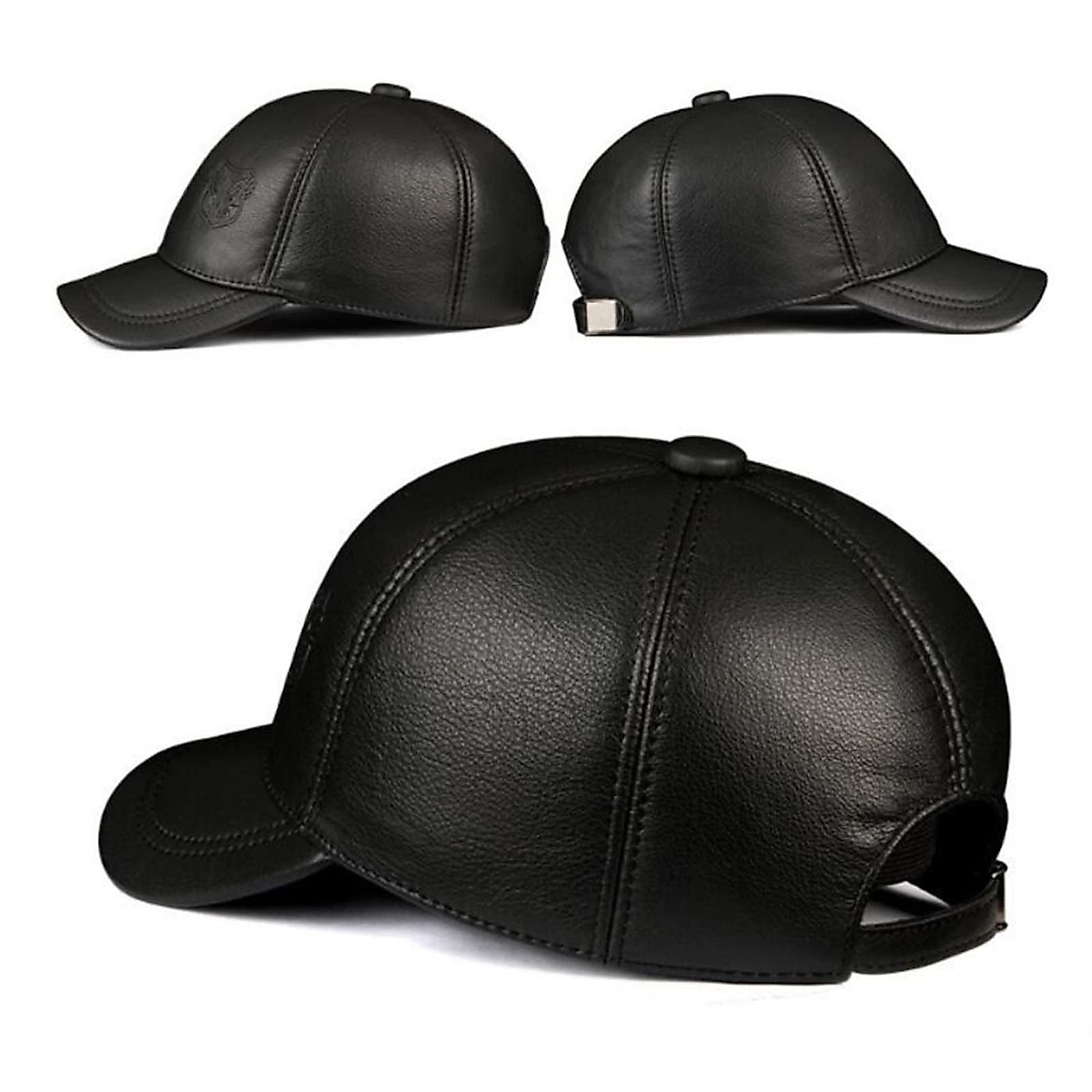 Winter Baseball Cap Retro Adjustable Hats, 100% Genuine Cowhide Leather Casual Warm Ear Protection, Unisex Outdoor Driving (Black)