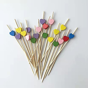 100 Pack Fruit Toothpicks, Heart-Shaped Bamboo Cocktail Picks, Natural Bamboo Toothpicks for Appetizers Fruit Cake Dessert Barbecue Snacks Sandwiches (Multicolor)