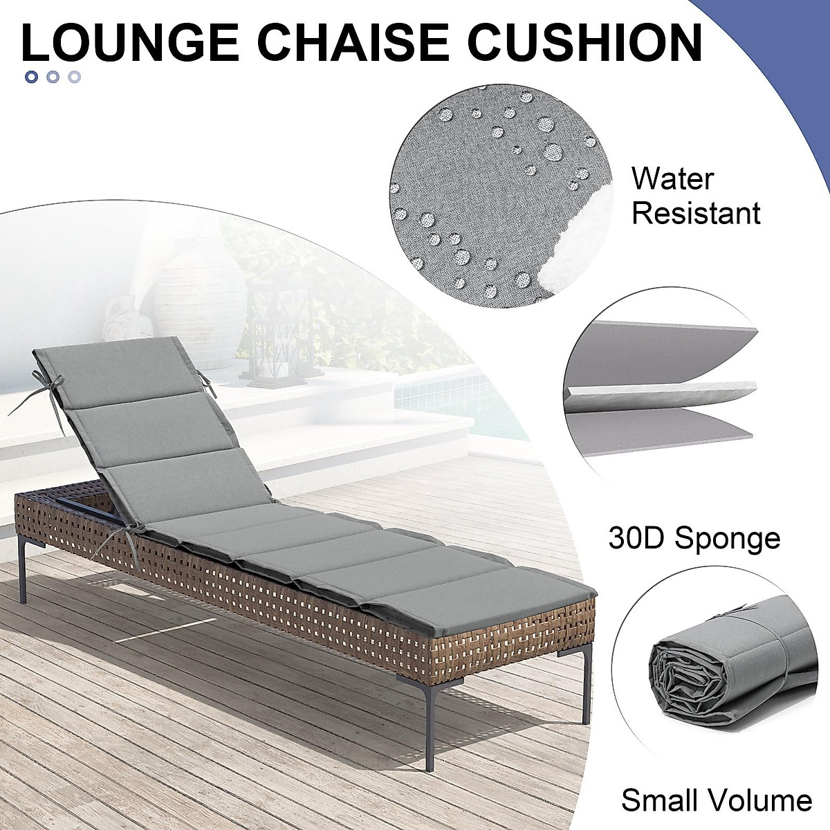 Crestlive Products Outdoor Chaise Lounge Cushion, Outdoor Lounge Chair Cushion for Patio Furniture, Lawn, Pool, 72''L x 21''W (Gray)