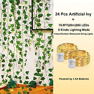 COCOBOO 168Ft 24 Pack Fake Vines with Lights, Ivy Garland Fake Leaves with 200 LED Srting Light, Green Hanging Vines for Bedroom Room Home Garden Wedding Wall Aesthetic Decor