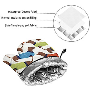 Pajamas Dachshund Pattern Oven Mitts and Pot Holders Sets of 4,Resistant Hot Pads Non-Slip BBQ Gloves for Kitchen,Cooking