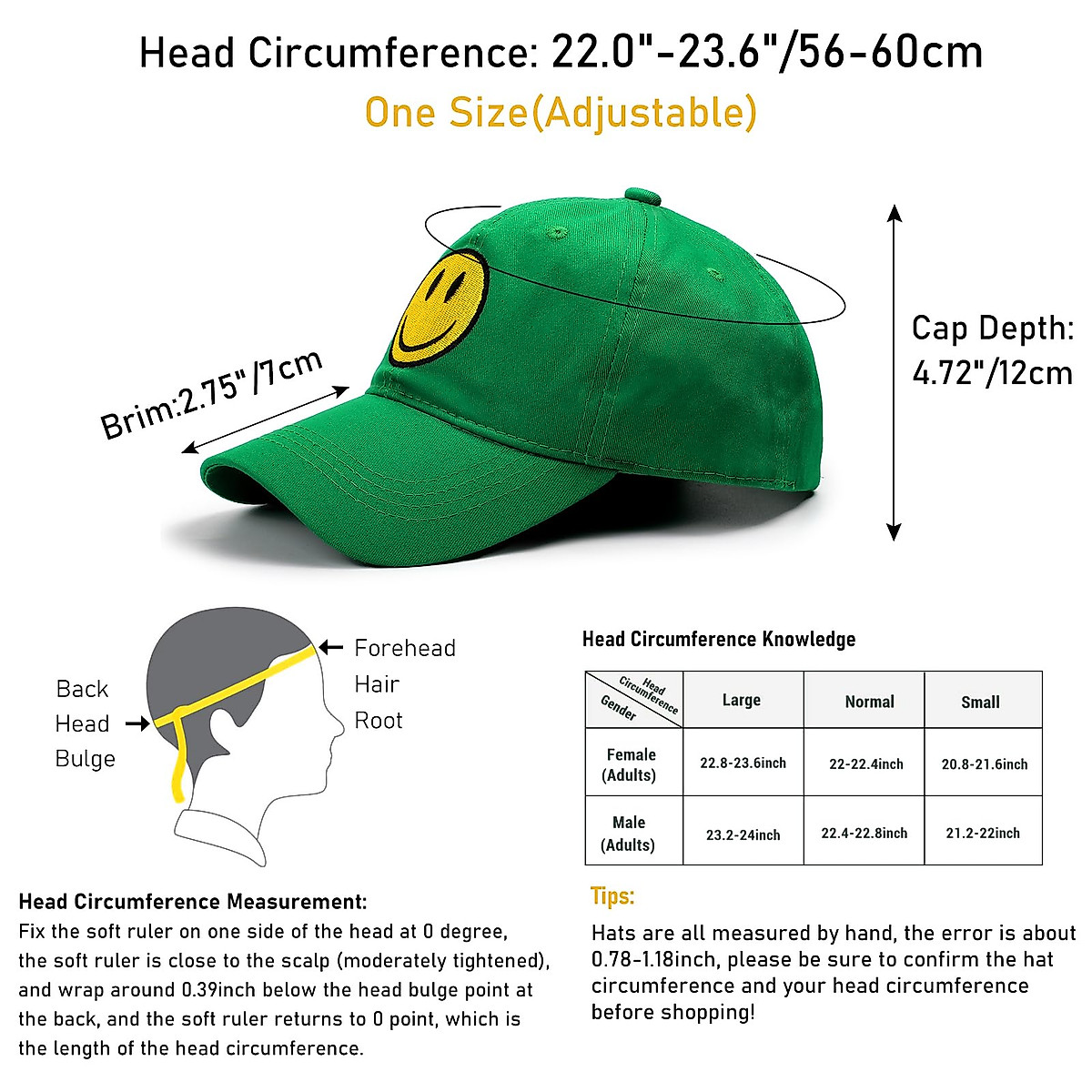 SONMONY Smile Face Baseball Hat Washed Dad Hat for Men Women Cute Baseball Caps Unstructured Smile Embroidered Hat Green