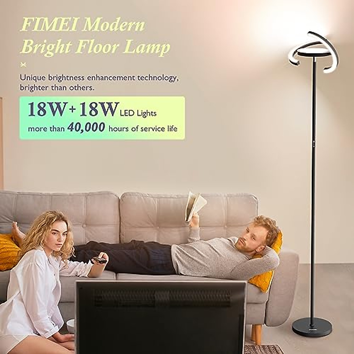 FIMEI Floor Lamp, Modern Bright Standing Lamp with Split Rotatable Outer Ring Light, 3 Color Temperature and Stepless Dimming, Remote/Touch Independent Control for Living Room Bed Room Office, Black