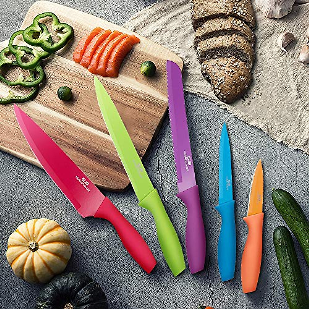 G.a HOMEFAVOR Knife Set, 5-piece Colored Knife Set Nonstick Coated with 5 Knife Sheath Covers