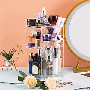 Argox 360° Rotating Makeup Organizer, Skincare Storage Box, Cosmetic Display Case with Brush Holder Perfume Tray, Multifunctional Rotating Rack Suitable for Dressing Tables and Bathroom Countertops