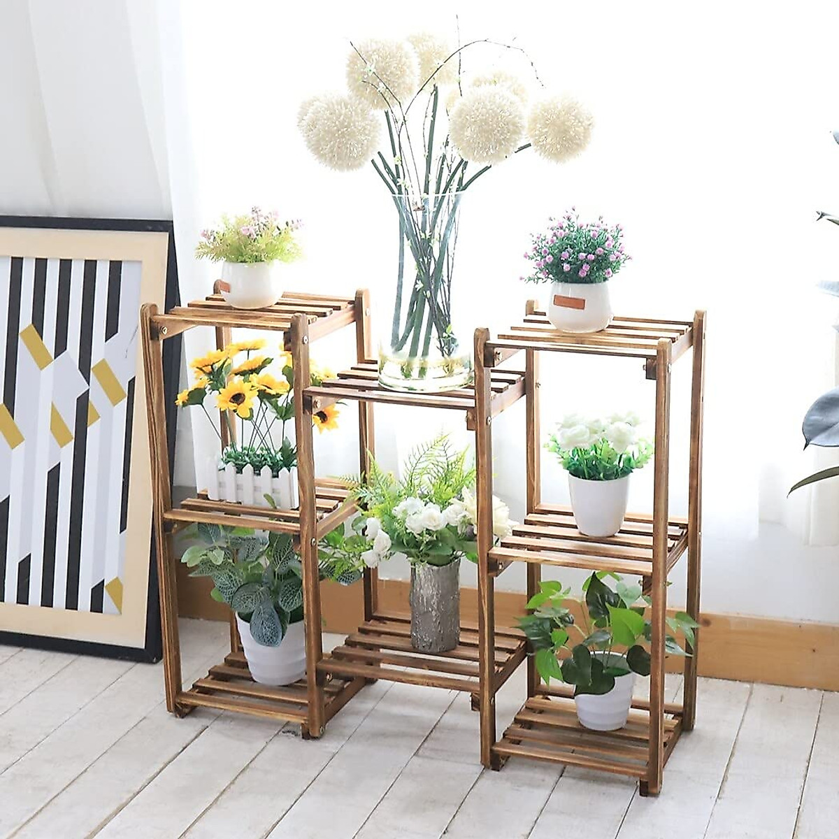 Combination Tall Plant Stand Corner Flower Pot Display Holder Rack Brown Classic Round Wood Handmade