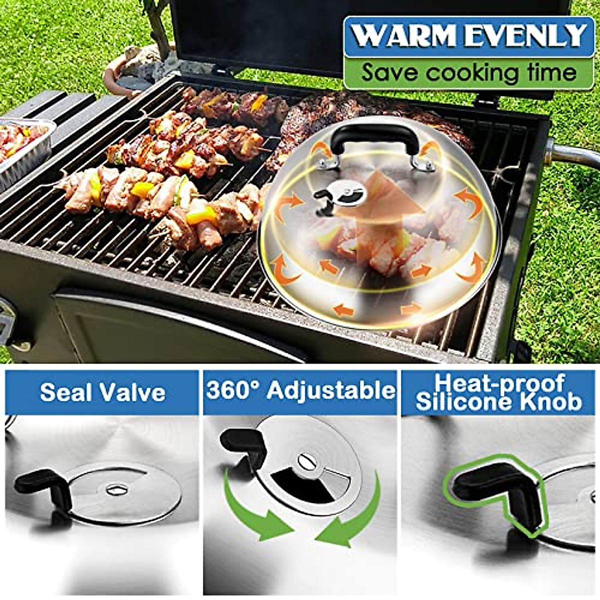 12 Inch Basting Cover with Adjustable Vent, Joyfair Stainless Steel Cheese Melting Dome for Outdoor BBQ Grilling/Flat Top Grill Griddle, Steaming Vent & Heat-Resistant Handle, Dishwasher Safe