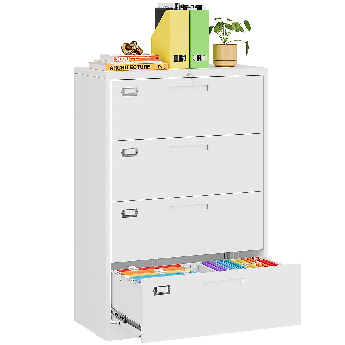 MIIIKO 4 Drawer Lateral File Cabinet with Lock, Black Office Filing Cabinet with Lock, Metal Horizontal Storage Cabinet with Large Drawers for Hanging Letter Legal File Folders