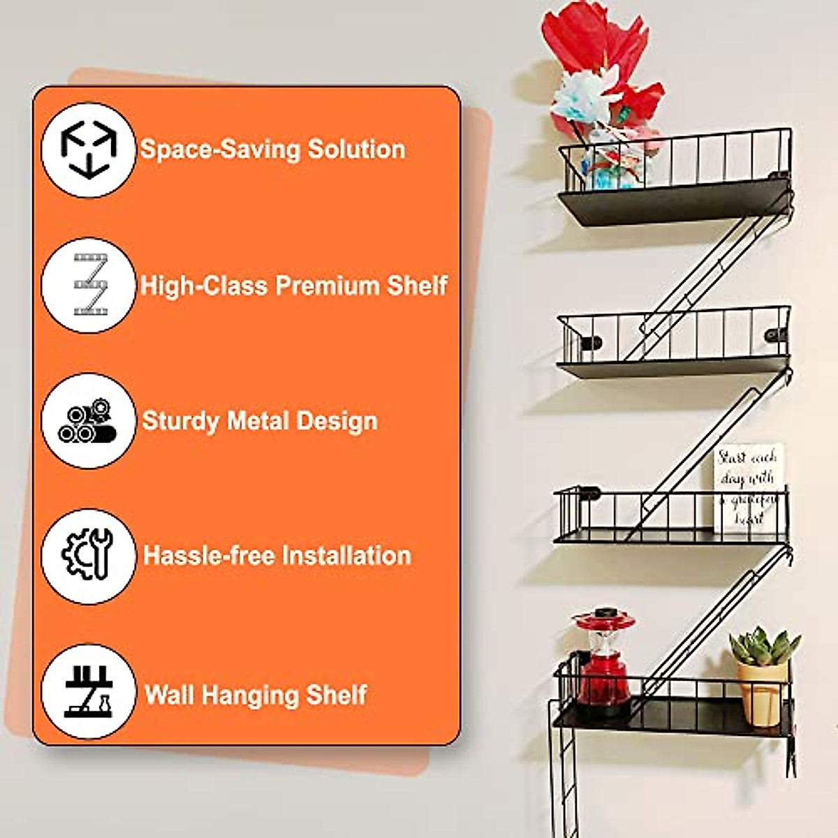 KOTIJOKI Fire Escape Wall Shelf - New York 4 Tier Metal Shelf with Screwdriver & Screws, for Home Décor Organizer, Action Figure Display (Black Floating Shelf)