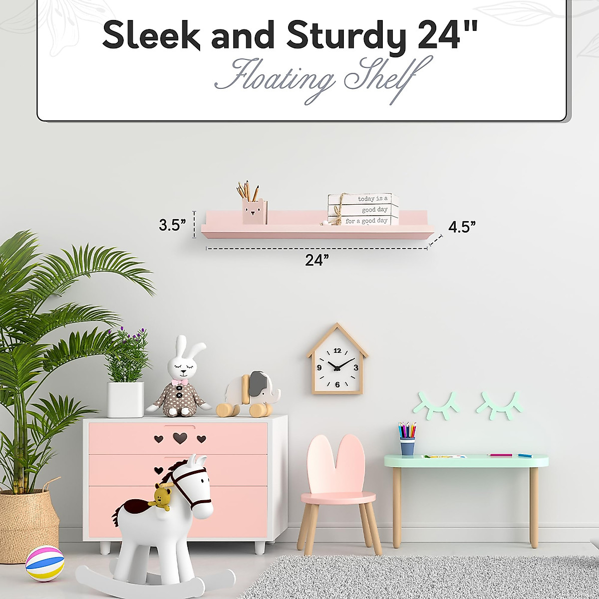 InPlace Pink Picture Ledge Shelf, 24" W x 4.5" D x 3.5" H, 9605012E