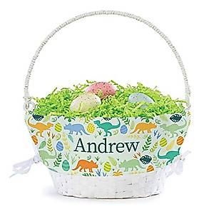 Dino Pattern Personalized Easter Egg Basket with Handle and Custom Name | Green Easter Basket Liners | White Basket | Woven Easter Baskets for Kids | Customized Easter Basket | Gift for Easter