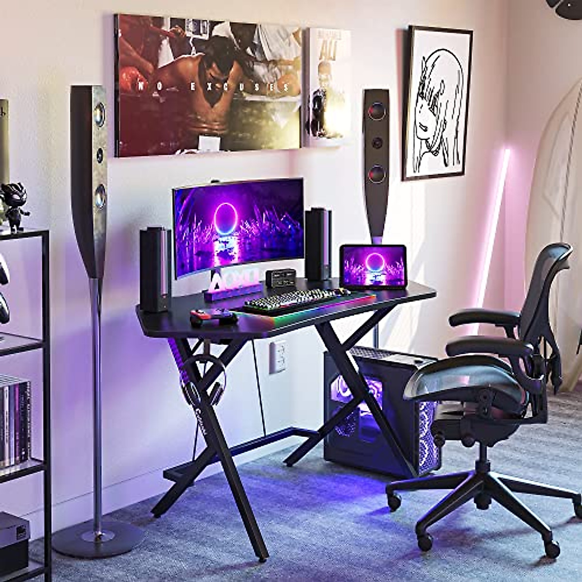 CubiCubi Luna Gaming Desk 47 inch Gamer Workstation, Home Computer Carbon Fiber Surface Gaming Desk PC Table with Cable Tray and Headphone Hook