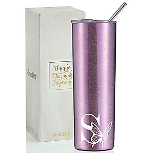 Purple Butterfly Gifts with Initial for Butterfly Lovers, Initial 20oz Stainless Steel Wine Tumbler with Butterfly Alphabet Design, Perfect for Women & Girls, Birthday, Christmas, Mother's Day - S