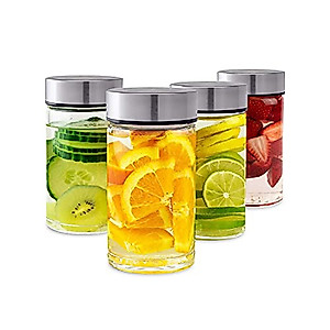 Juice Bottles - 4 Pack Wide Mouth Glass Bottles with Lids - for Juicing, Smoothies, Infused Water, Beverage Storage - 10oz, BPA Free, Stainless Steel Lids, Leakproof, Reusable, Borosilicate