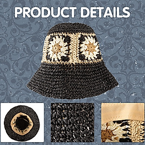Womens Straw Sun Hat Woven Bucket Hat Summer Beach Cap Fishing Hat Fashion Floral Cap Beach Hat for Women Foldable Vacation Travel Straw Hat Black