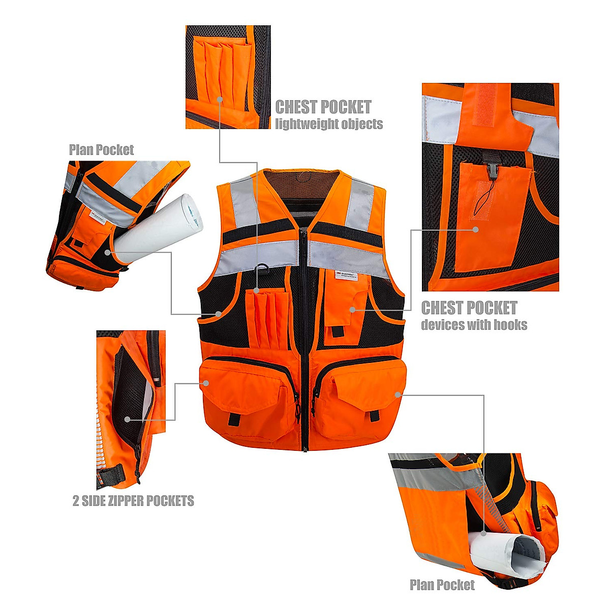 ZUJA 3M Reflective stripes Safety Vest Hi-vis Orange knitted Vest with 10 pockets Bright Construction Workwear for men and women. (Extra Large)