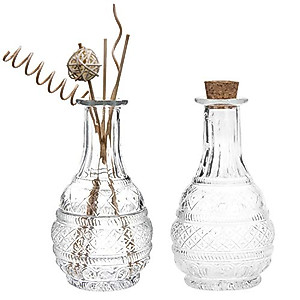 MyGift Antique Embossed Apothecary Glass Bottle - Mini Decorative Reed Diffuser Bottles with Cork Lid, Set of 2