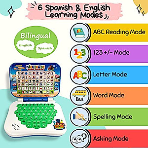 ZeenKind Bilingual Spanish English Learning Small Laptop Toy for Kids, Toddlers, Boys and Girls | Computer for Aphabet ABC, Numbers, Words, Spelling, Maths, Music