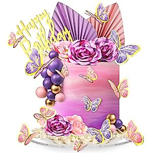 99 Pcs Purple Pink Cake Decorations Ball Butterfly Palm Leaves Flowers Happy Birthday Cake Topper Boho Cake Decorations Purple Pink Party Supplies for Wedding Baby Shower Birthday