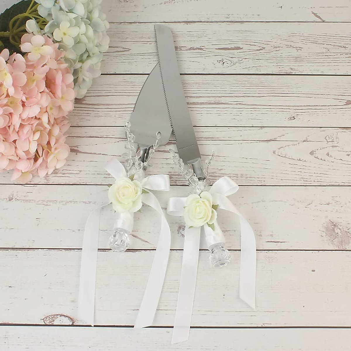 Handmade White Rose Wedding Cake Knife Shovel Server 2 Piece Set of Wedding Site Props