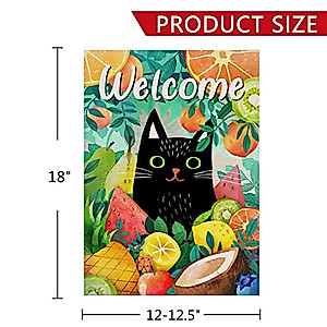 Dyrenson Welcome Summer Black Cat Lemon Watermelon Tropical Decorative Garden Flag, Yard Outside Decoration Outdoor Small Decor 12x18