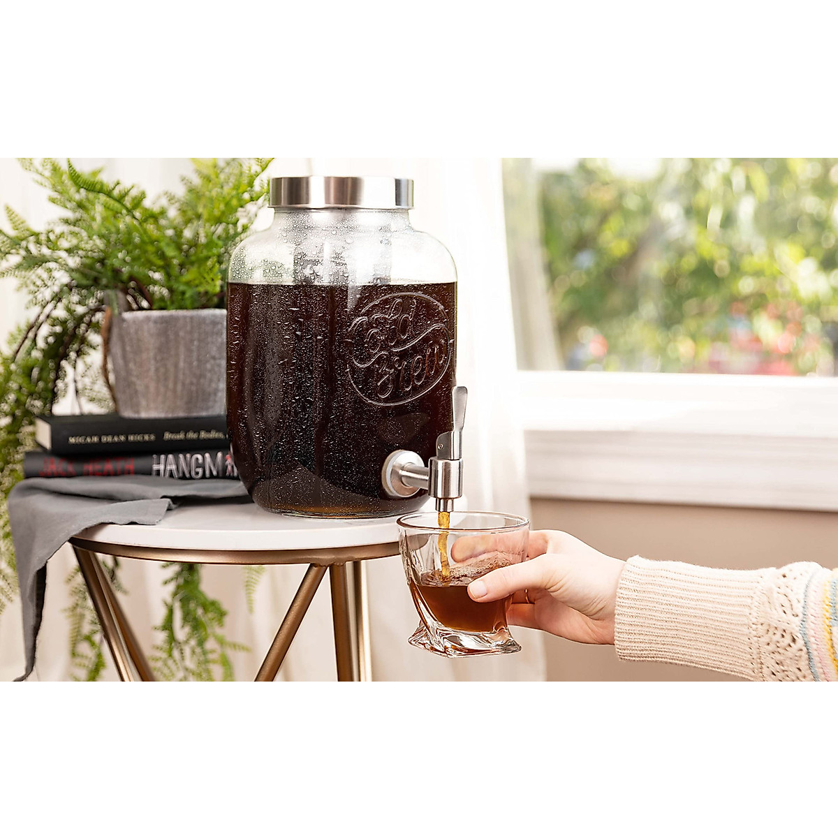 Kook 1 Gallon Mason Jar Drink Dispenser, Thick Glass Carafe, Stainless Steel Spigot and Mesh Filter, Premium Iced Coffee Maker, Cold Brew Pitcher & Tea Infuser